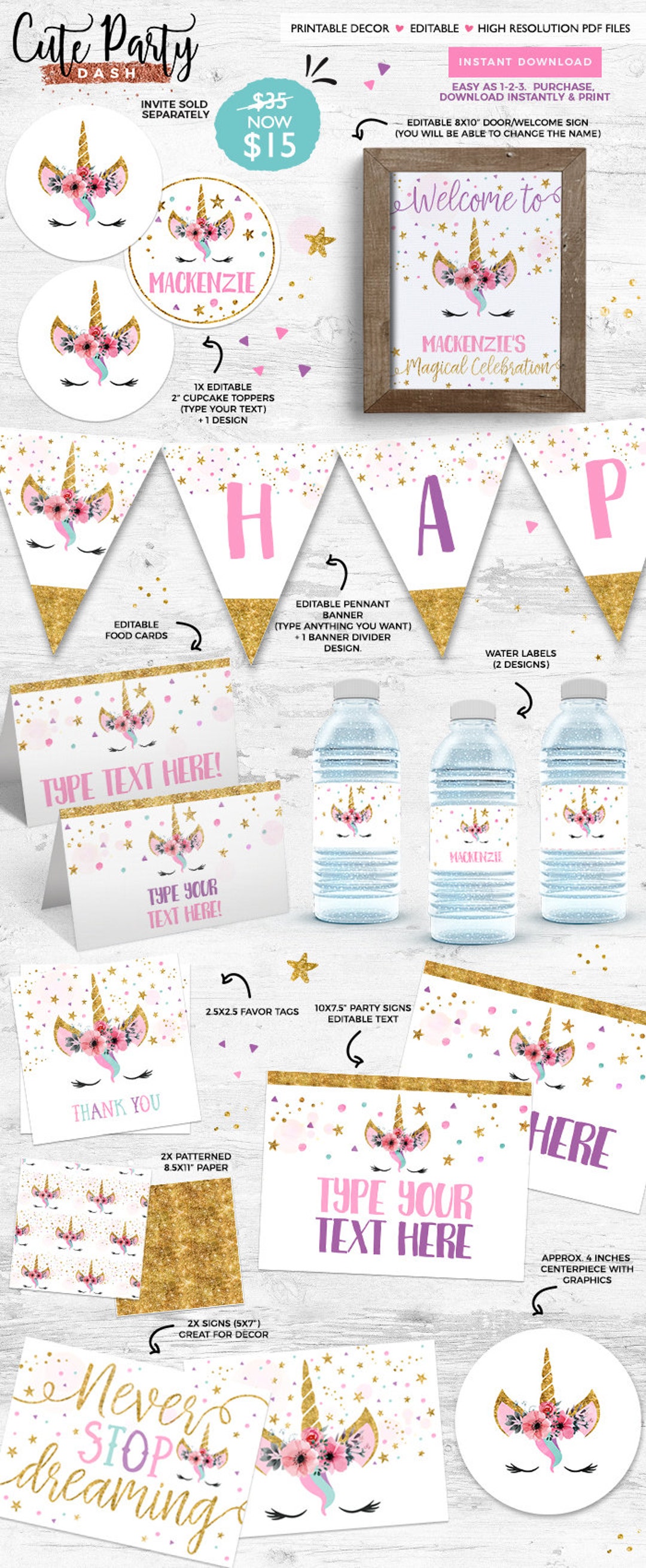 INSTANT DOWNLOAD Editable Unicorn Birthday Decorations Gold Unicorn ...