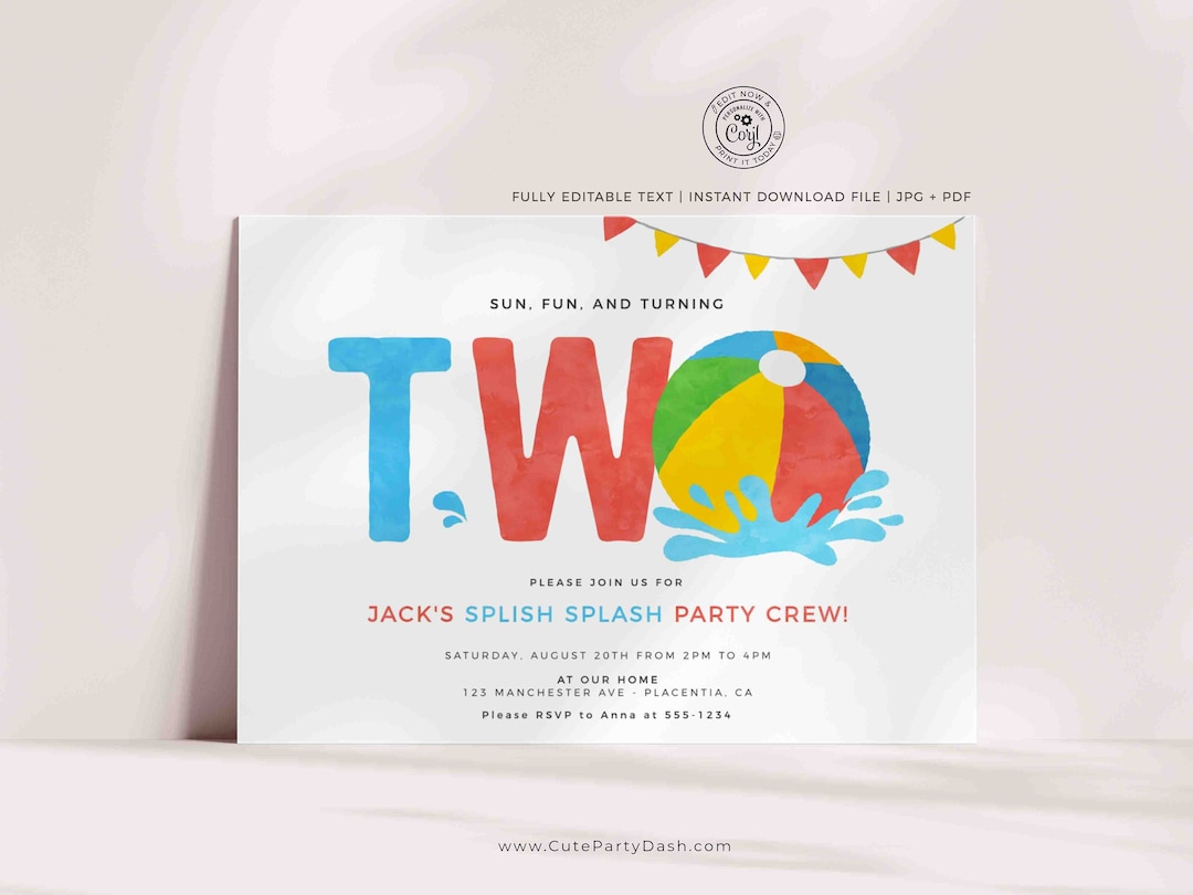Pool Party Second Birthday Invitation Printable INSTANT DOWNLOAD ...