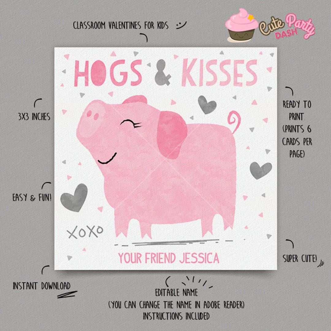INSTANT DOWNLOAD - EDITABLE Valentine's Day Card Hogs and Kisses Kids ...