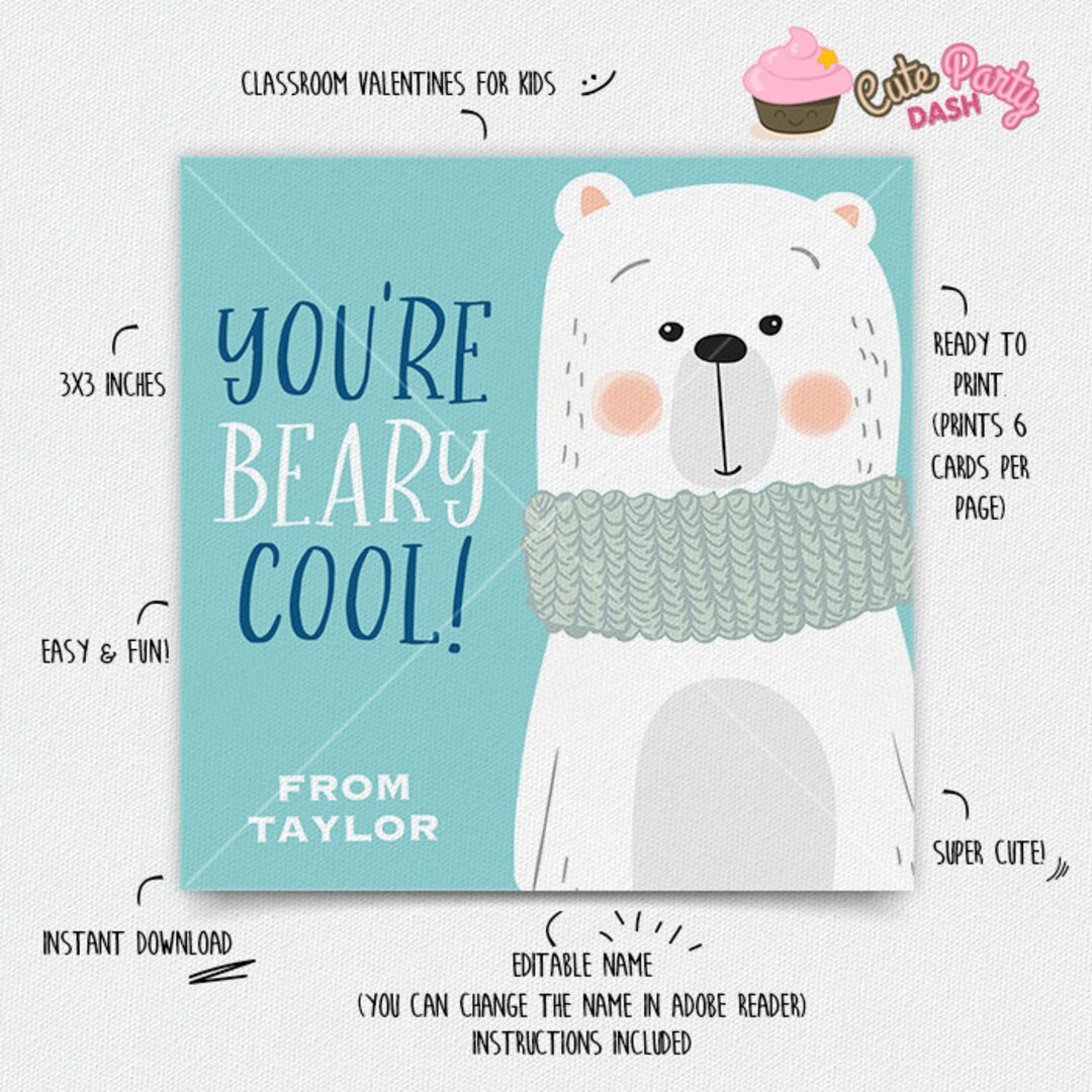Editable Bear Valentine's Day Card: Classroom Valentines (instant ...