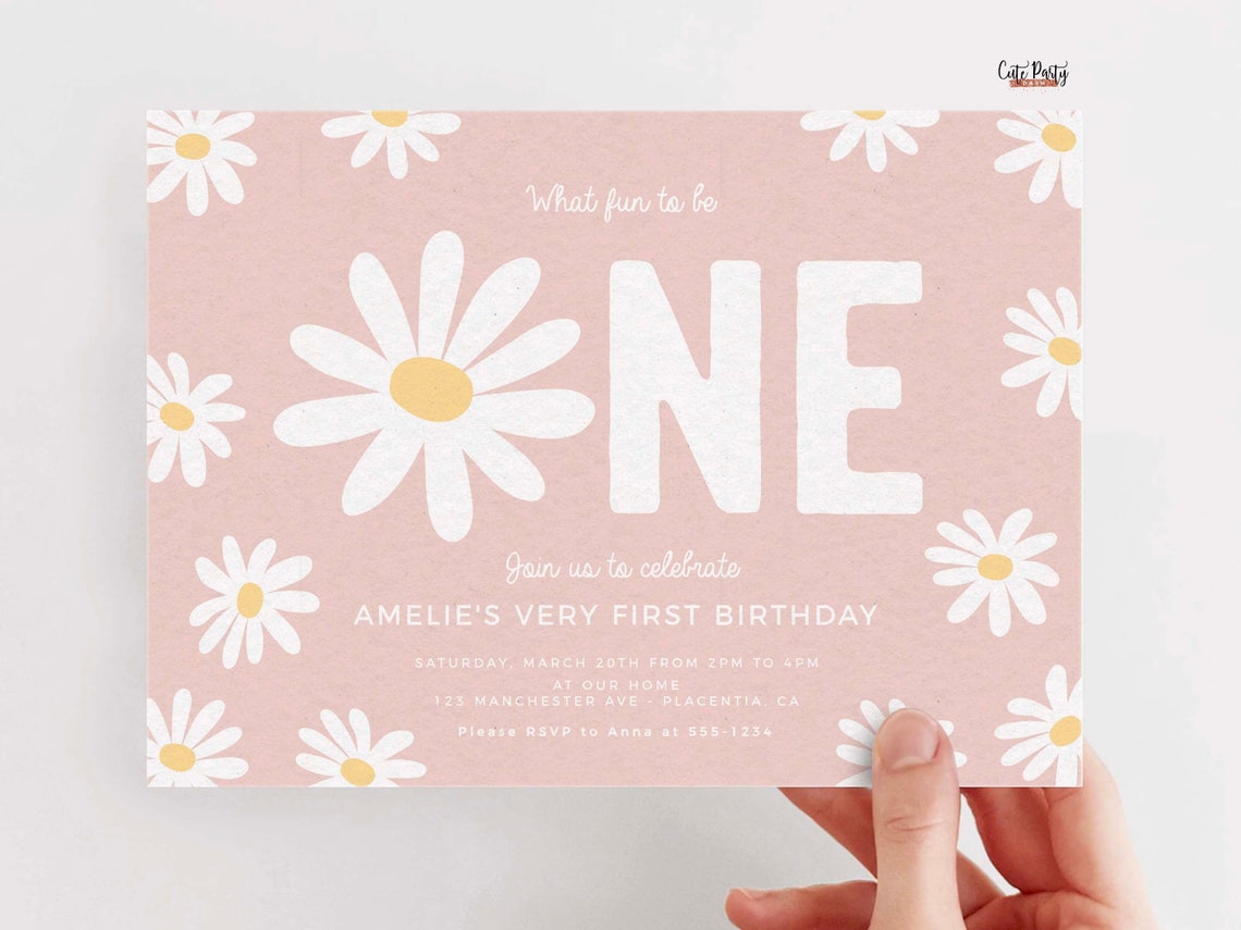 Daisy First Birthday Invitation: Retro Pink Floral (instant Download ...
