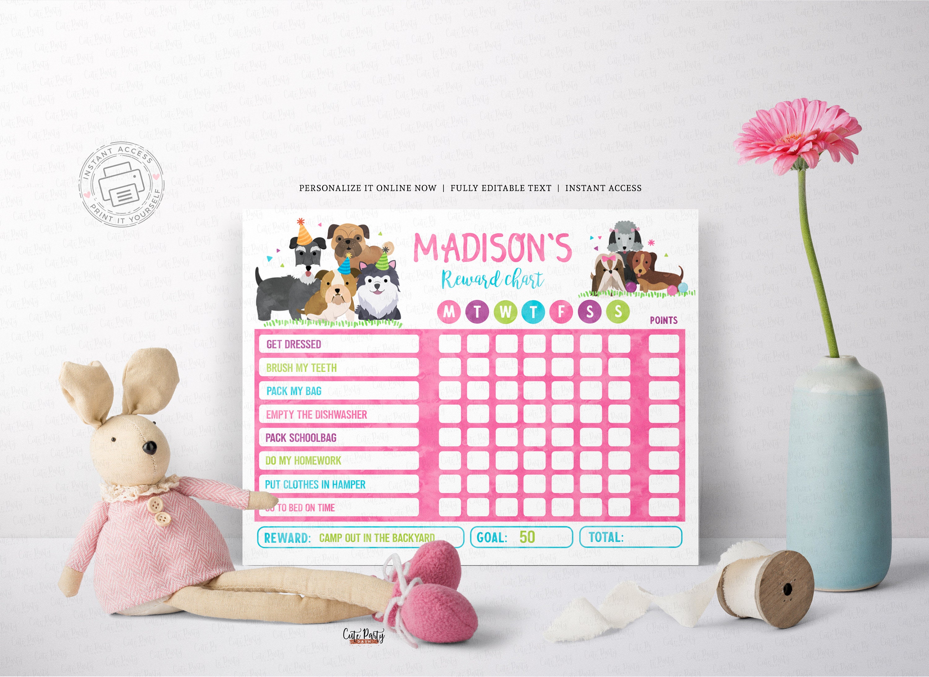 Editable Puppy Dog Reward Chart for Girls Printable Puppy - Etsy UK