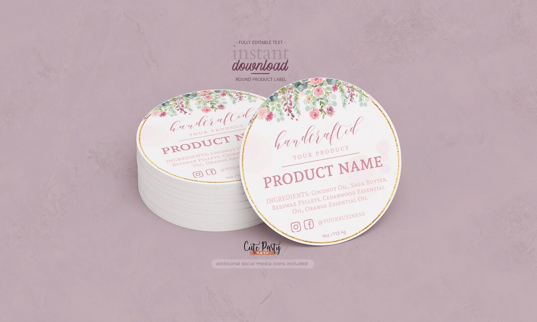 Greenery Pink and Gold Floral Round Product Label Editable Template ...