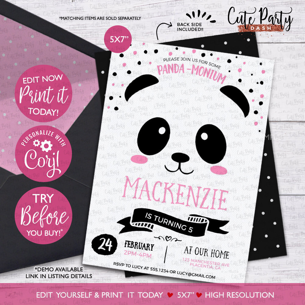 INSTANT DOWNLOAD EDITABLE Panda Birthday Party Invitations | Etsy UK