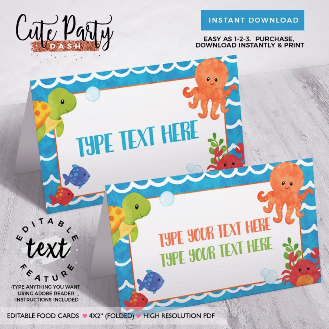 INSTANT DOWNLOAD - EDITABLE Under the Sea Food Cards Ocean Birthday ...
