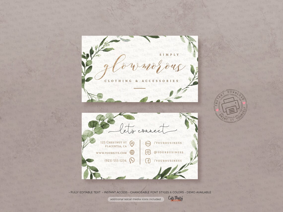 Eucalyptus Wreath Business Card Template: Editable Feminine Design ...