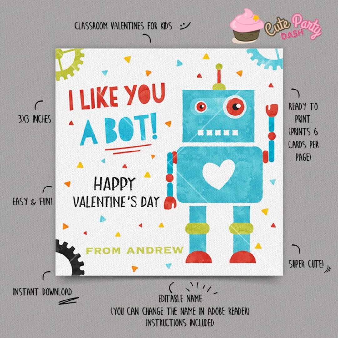 INSTANT DOWNLOAD - EDITABLE Valentine's Day Card Gift Robot Valentines ...