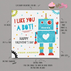 INSTANT DOWNLOAD - EDITABLE Valentine's Day Card Gift Robot Valentines ...