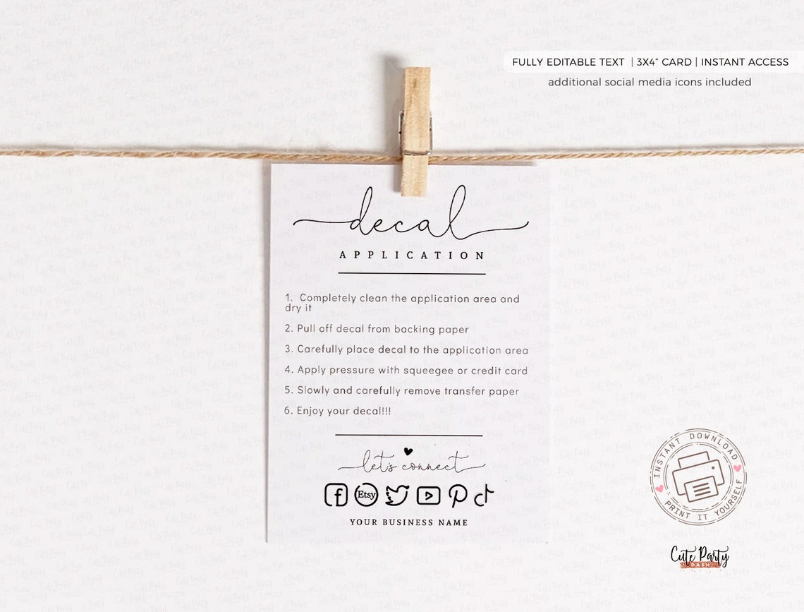 INSTANT DOWNLOAD Printable Decal Application Care Card | Etsy UK