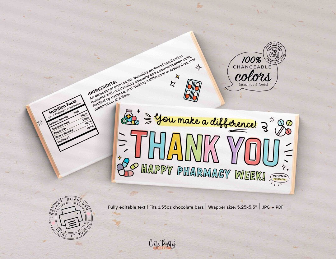 Pharmacy Week Candy Bar Wrappers: Editable Thank You Gift (digital ...