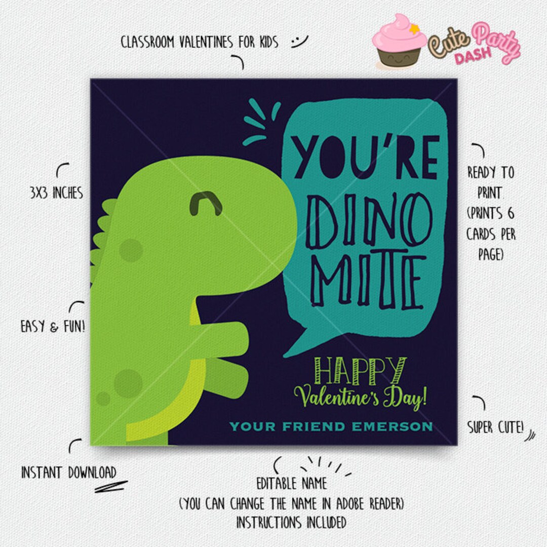 INSTANT DOWNLOAD - EDITABLE Valentine's Day Card Gift You're Dino-mite ...