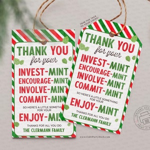 Christmas Thank You Mint Gift Tag, Enjoy-mint School Pto Pta Volunteer ...