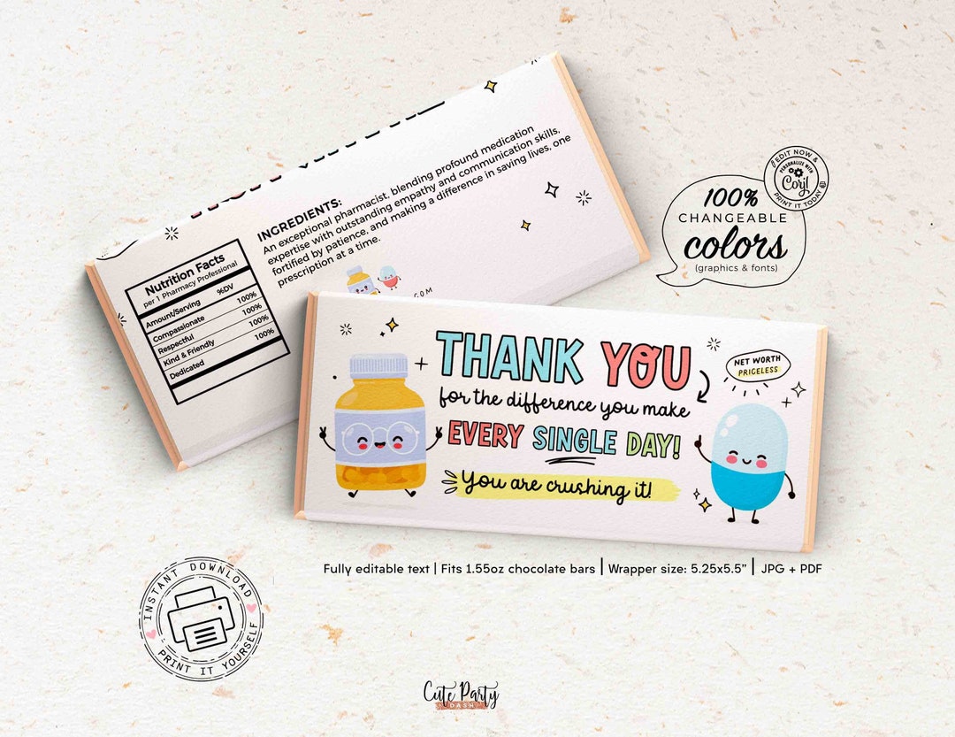 Pharmacy Week Candy Bar Wrappers: Editable Thank You Gift (digital ...