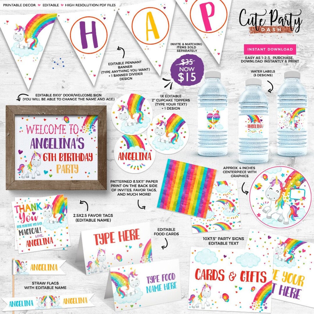 Unicorn Rainbow Birthday Party Decorations: Editable Printable Decor ...