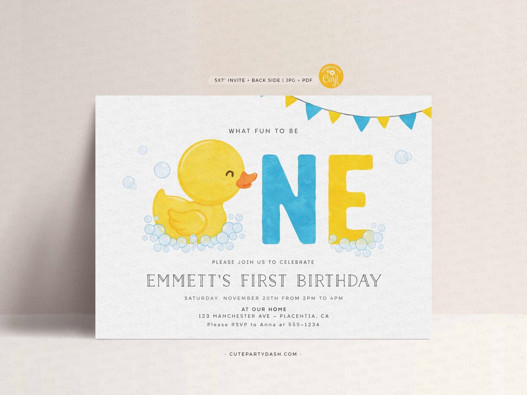 Rubber Duck First Birthday Party Invitation, Yellow Rubber Duckie ...
