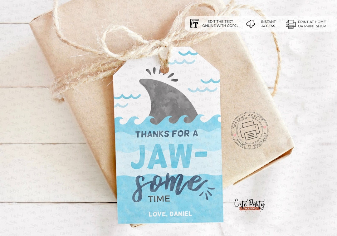 INSTANT DOWNLOAD, EDITABLE Shark Birthday Favor Tags, Jawsome Time ...