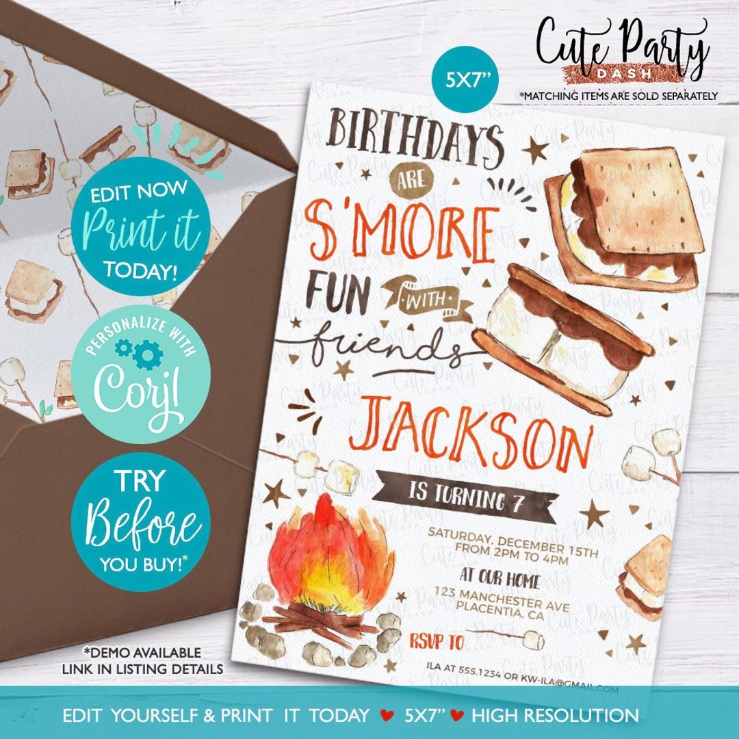 S'more Birthday Invitation INSTANT DOWNLOAD Camp Out Smore Party Invite ...