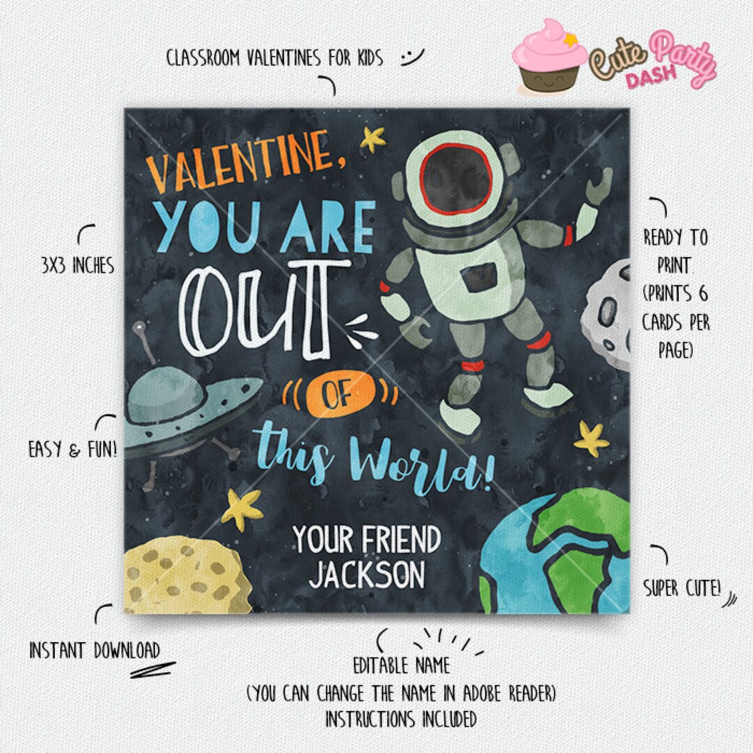 INSTANT DOWNLOAD - EDITABLE Valentine's Day Card Out of This World Kids ...
