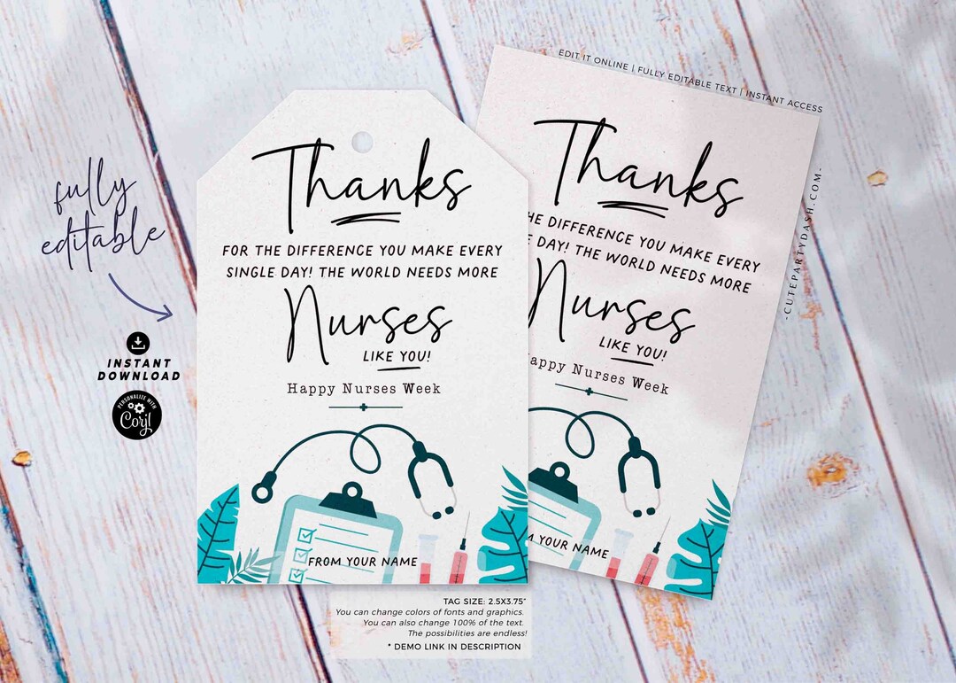 Nurses Week Gift Tags Printable INSTANT DOWNLOAD Editable National ...