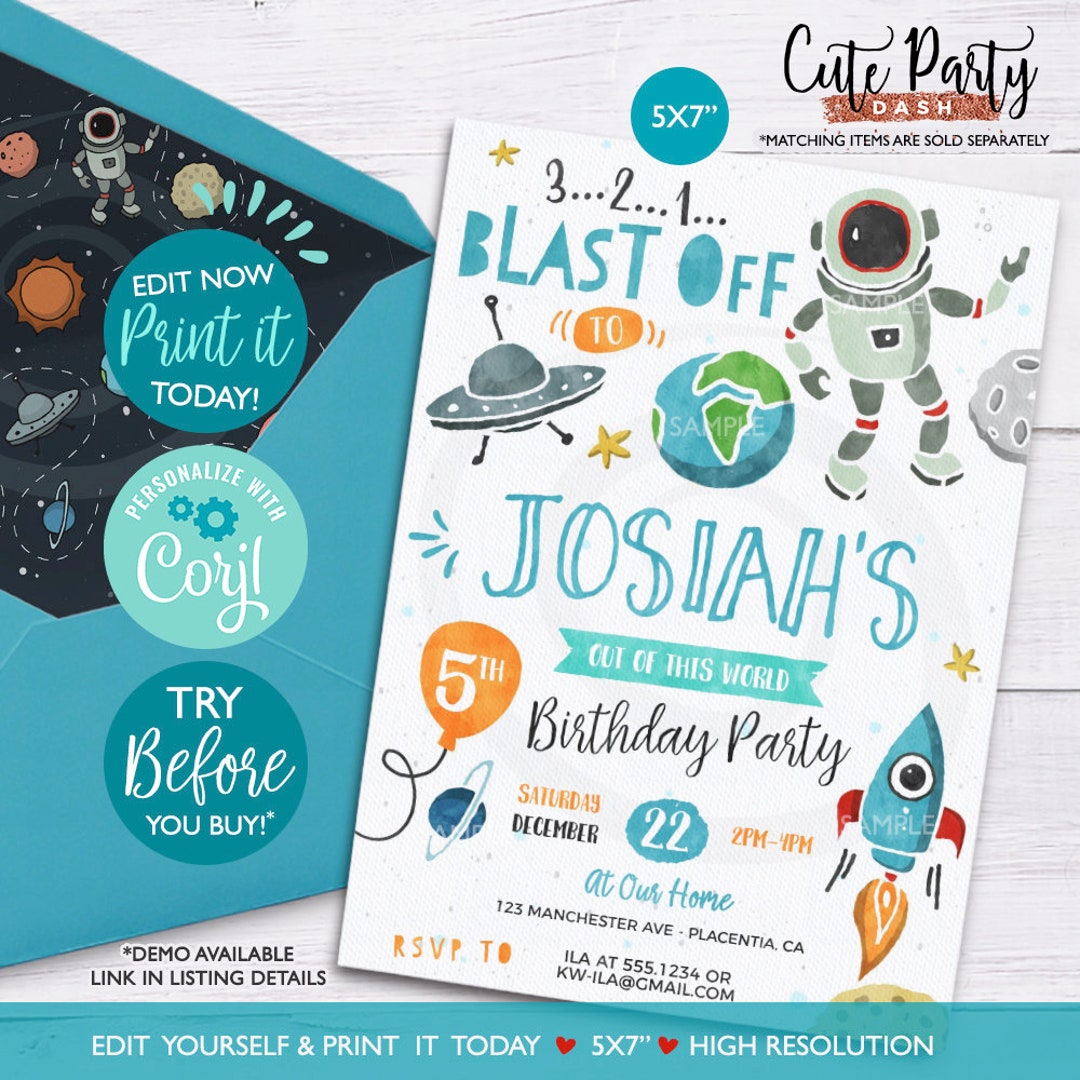 Astronaut Birthday Party Invitation Template Outer Space Galaxy First ...