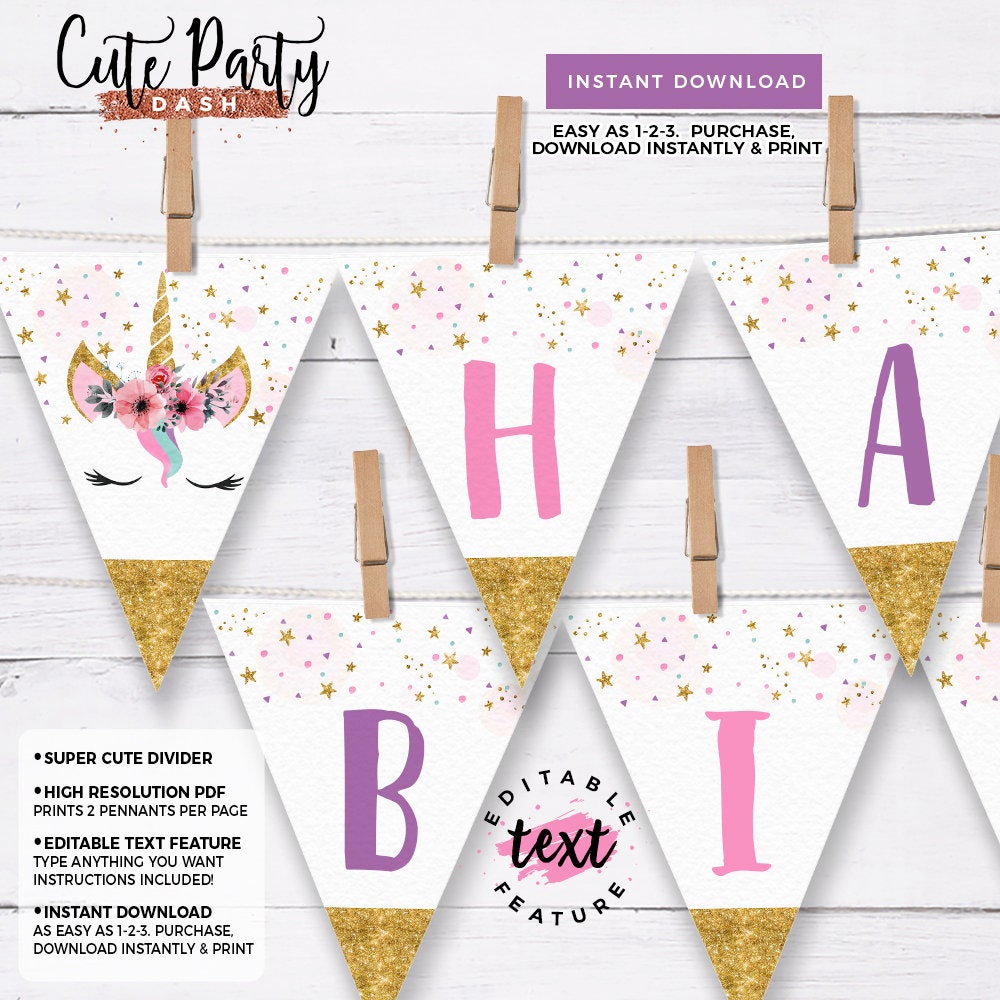 INSTANT DOWNLOAD Editable Unicorn Birthday decorations Gold | Etsy