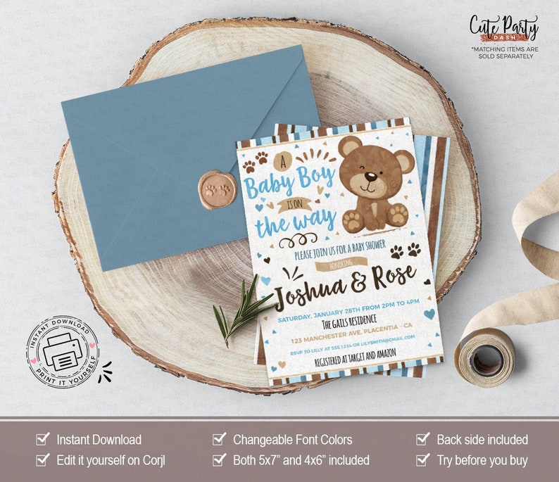 INSTANT DOWNLOAD Little Bear Baby Shower Invitation Blue and - Etsy