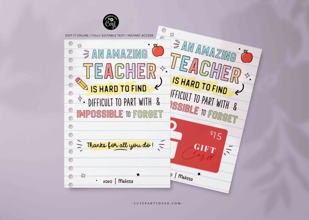 Editable Teacher Thank You Gift Card Holder Template Printable Amazing ...