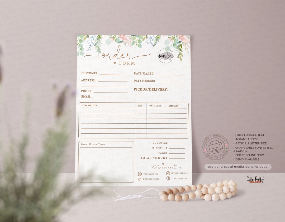 Greenery Order Form Template: Editable Small Business Form (digital ...