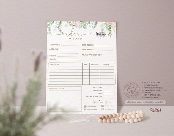 Greenery Order Form Template Editable INSTANT DOWNLOAD | Etsy Canada