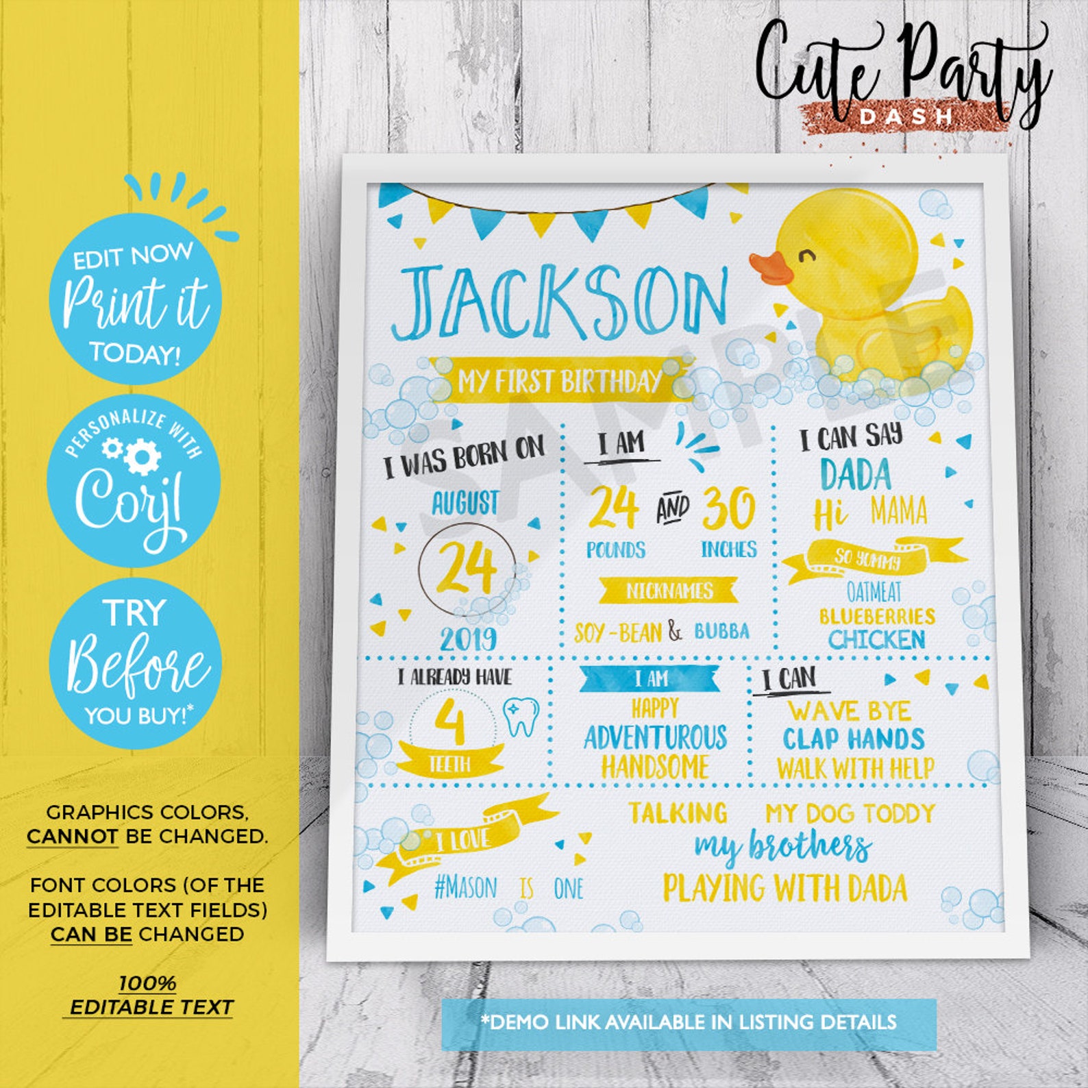 Editable Rubber Duck Birthday Signs: Yellow & Blue Party Decor (instant ...