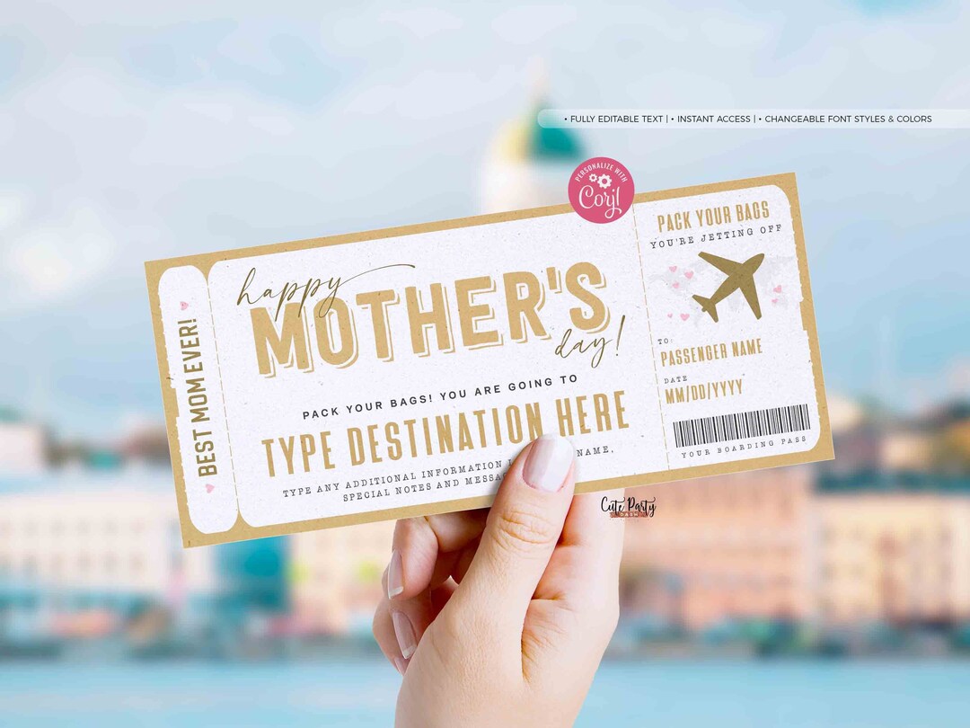 Mothers Day Gift Boarding Pass Trip Voucher Template, Editable Fake ...