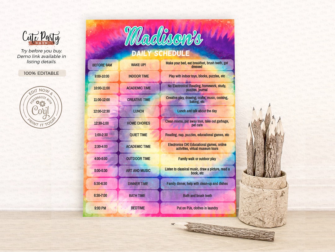 Tie Dye Back to School Daily Schedule, Printable Editable Schedule for ...