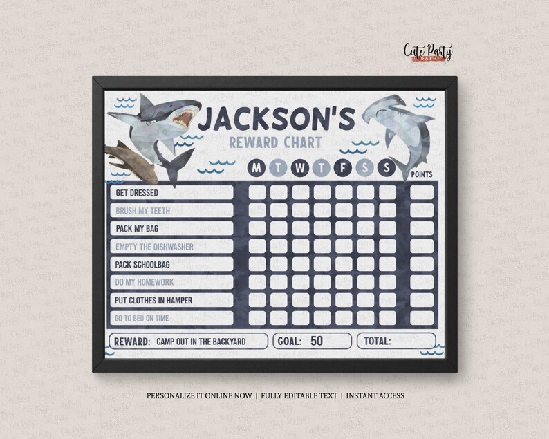 Editable Sharks Reward Chart for Kids Printable Shark - Etsy
