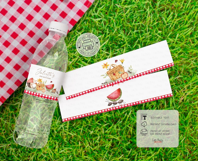 Picnic Birthday Water Bottle Label Template: Editable Party Decoration ...