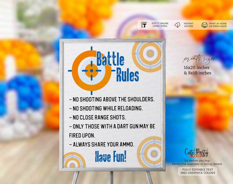 EDITABLE Dart Birthday Party Printable Battle Rules Sign Dart - Etsy