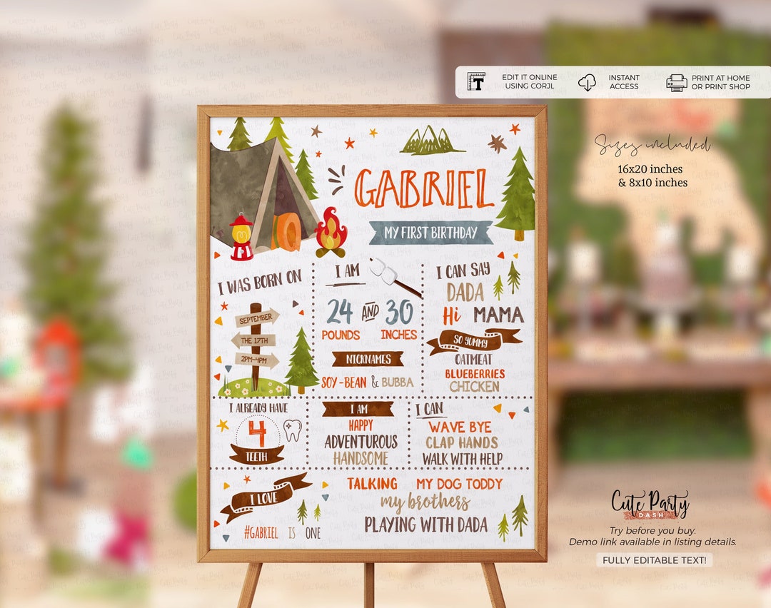 EDITABLE Camping Birthday First Birthday Chalkboard Sign Camp - Etsy