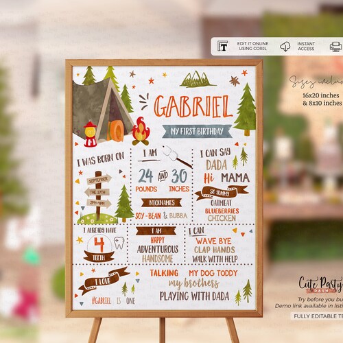 EDITABLE Camping Birthday First Birthday Chalkboard Sign Camp - Etsy