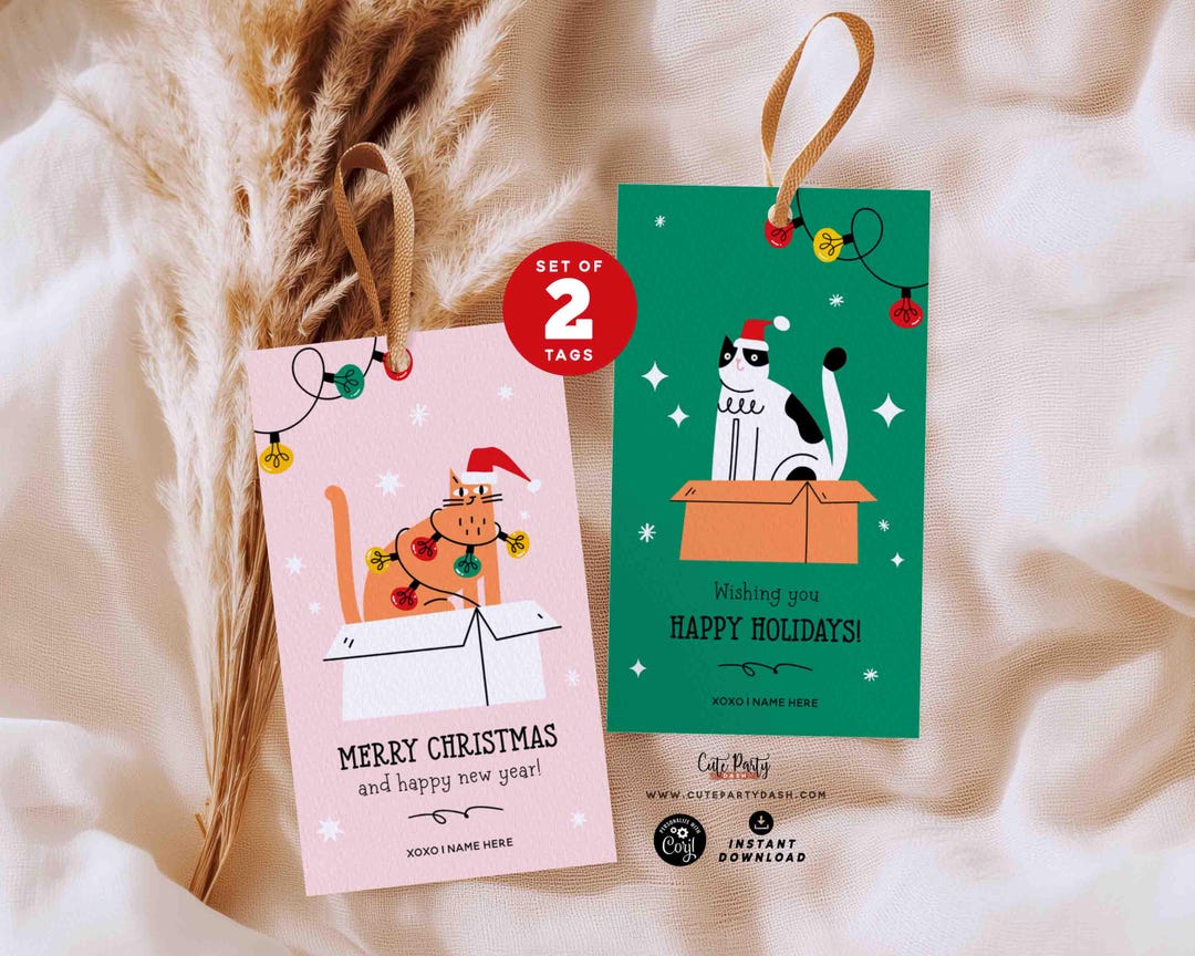 Printable Cat Christmas Gift Tags Editable : Set of 2 Xmas Tag (instant ...