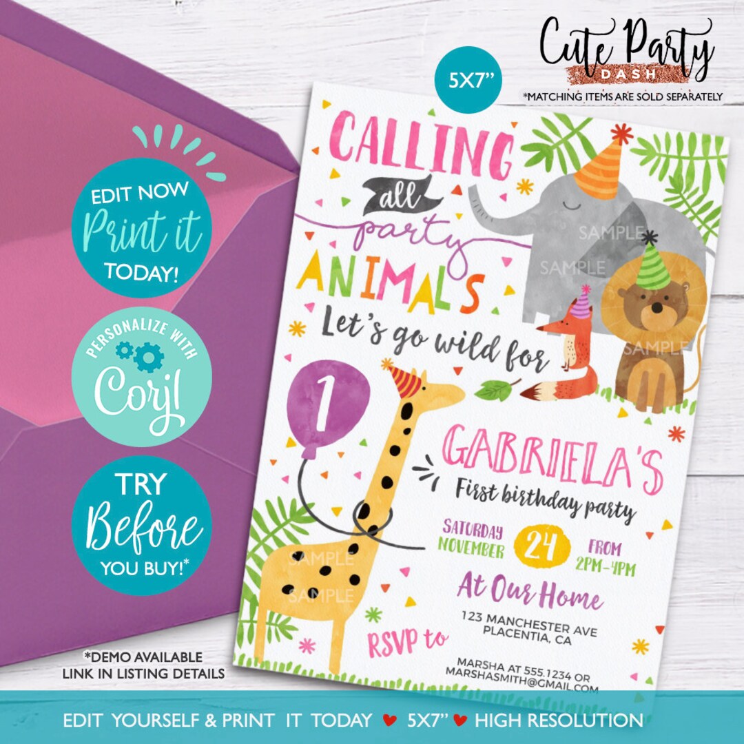 INSTANT DOWNLOAD EDITABLE Party Animal Invitation Girl - Etsy