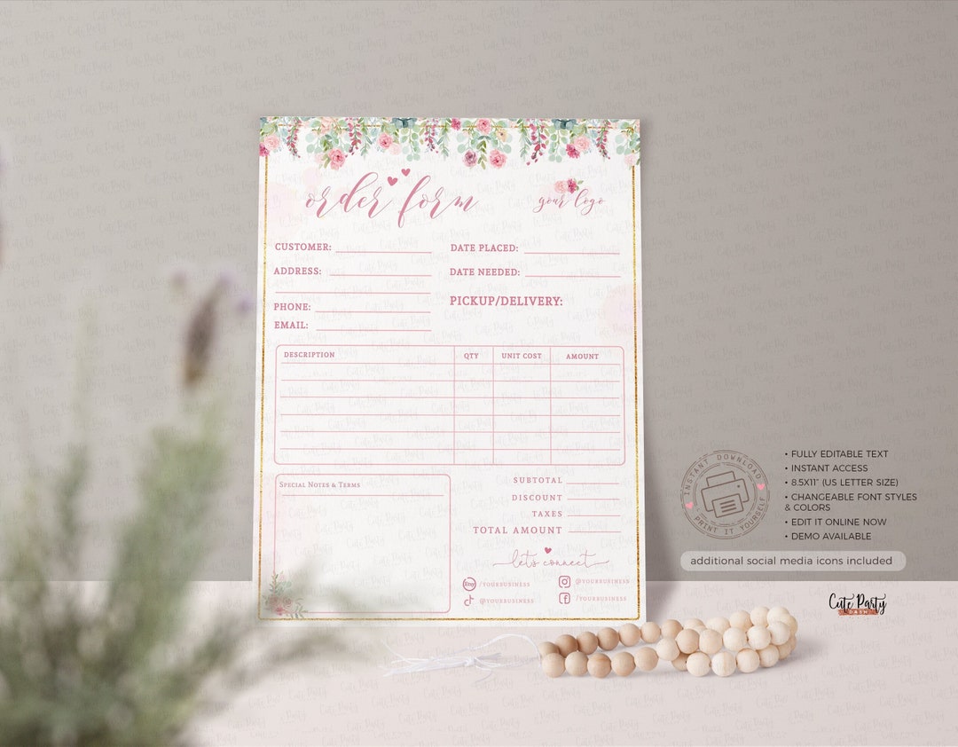 Greenery Pink and Gold Floral Order Form Template Editable, INSTANT ...