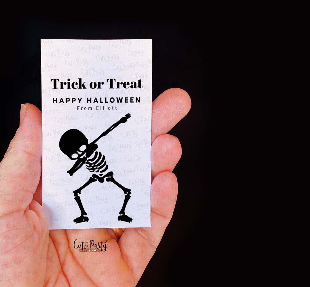 EDITABLE Halloween Minimalist Trick or Treat Gift Tag, Dabbing Skeleton ...