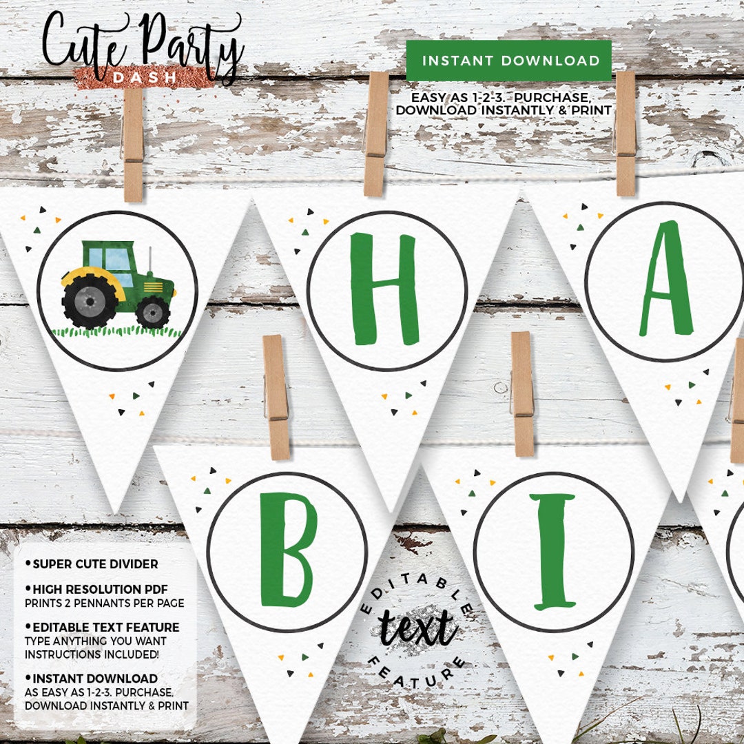 INSTANT DOWNLOAD - EDITABLE Tractor Birthday Pennant Banner Farmer ...