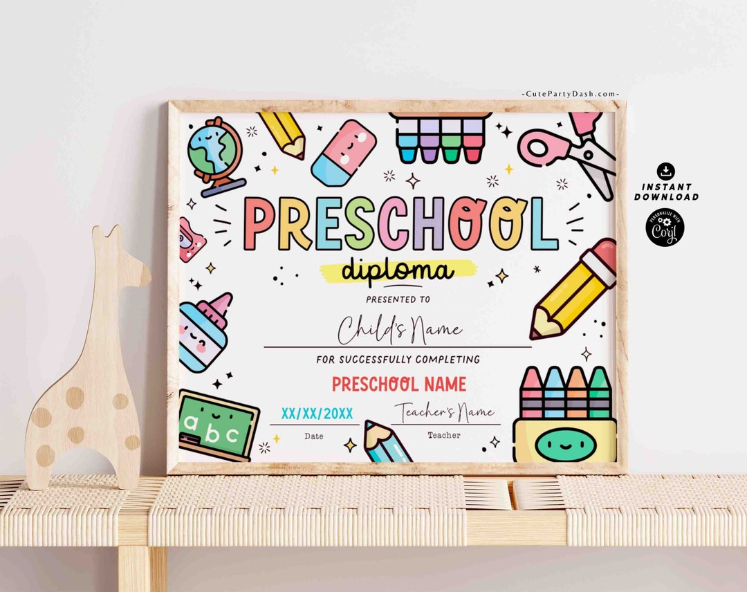 Preschool Graduation Diploma Printable INSTANT DOWNLOAD Preschool ...