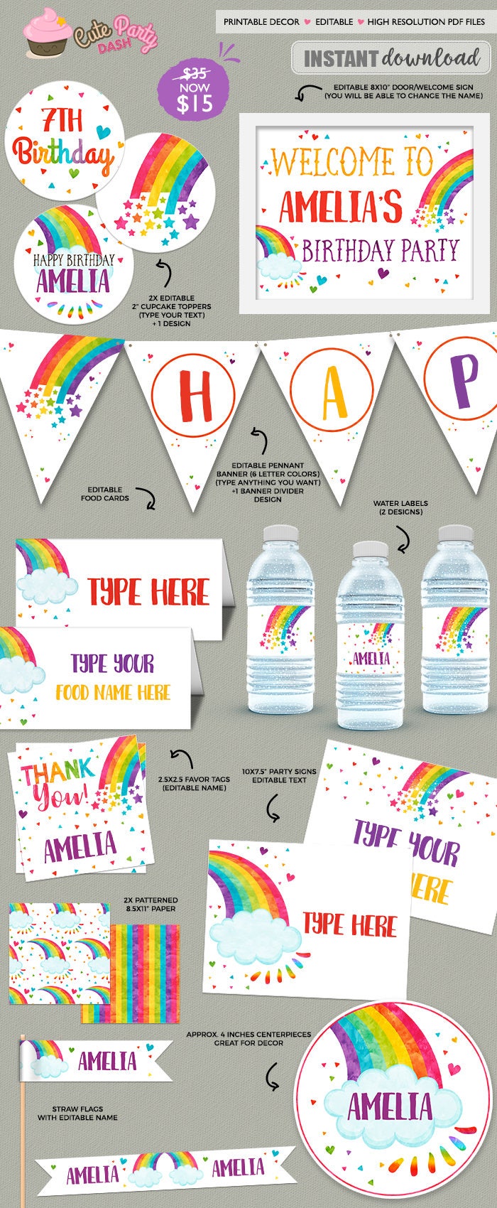 INSTANT DOWNLOAD Editable Colorful Rainbow birthday decor | Etsy