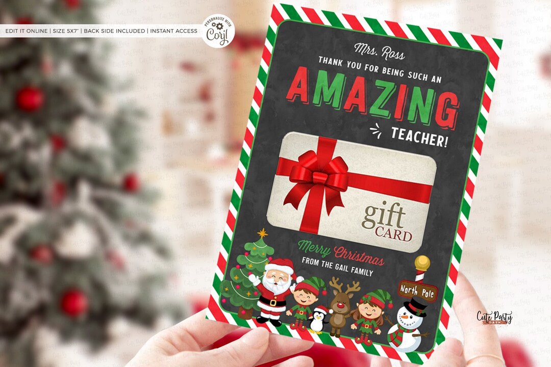 Editable Christmas Thanks for Being an Amazing Teacher Gift Card Holder ...