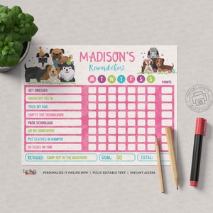 Editable Puppy Dog Reward Chart for Girls, Printable Puppy Incentive ...