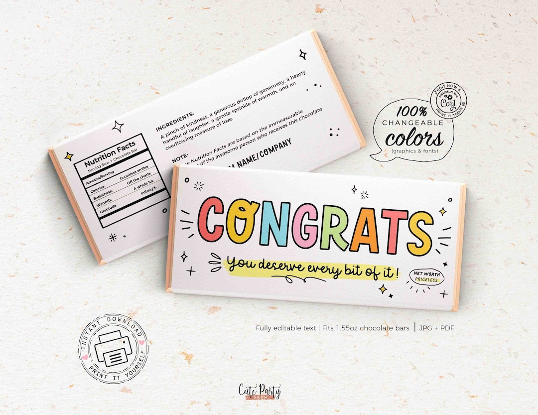 Congratulations Gift Chocolate Bar Wrapper INSTANT DOWNLOAD Teacher ...