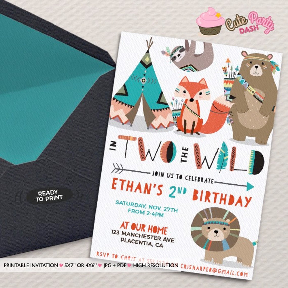 two-wild-birthday-invitations-tribal-teepee-birthday-etsy