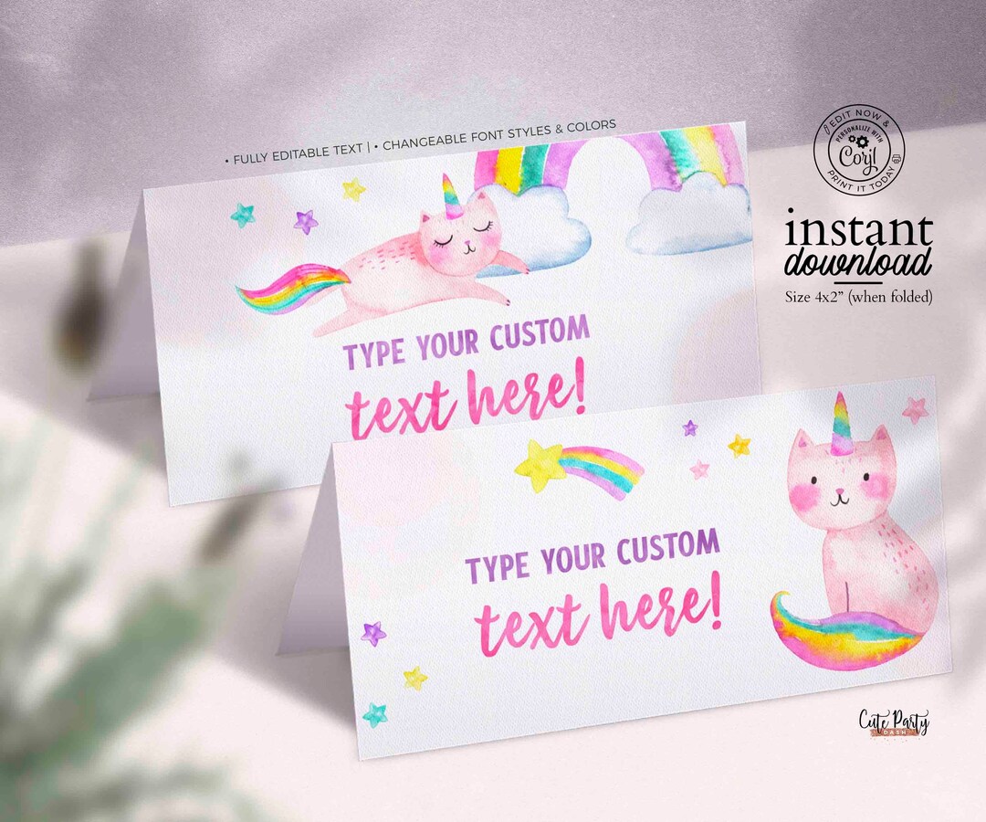 Editable Caticorn Food Card, Cat Unicorn Rainbow Party Decor, Food Tent ...