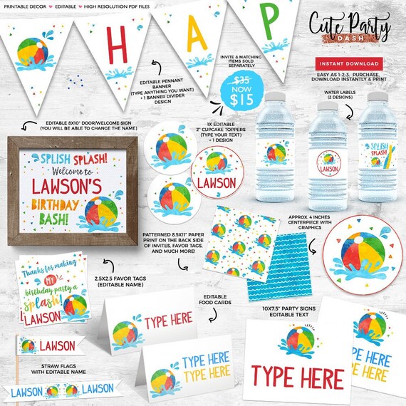 INSTANT DOWNLOAD EDITABLE Pool Party Printable Decorations - Etsy
